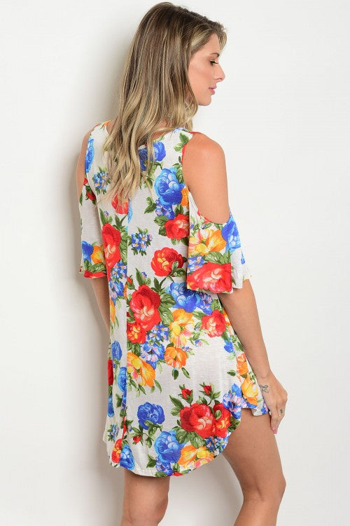 Cold Shoulder Ivory Floral Print Tunic Dress Lady Laila Boutique