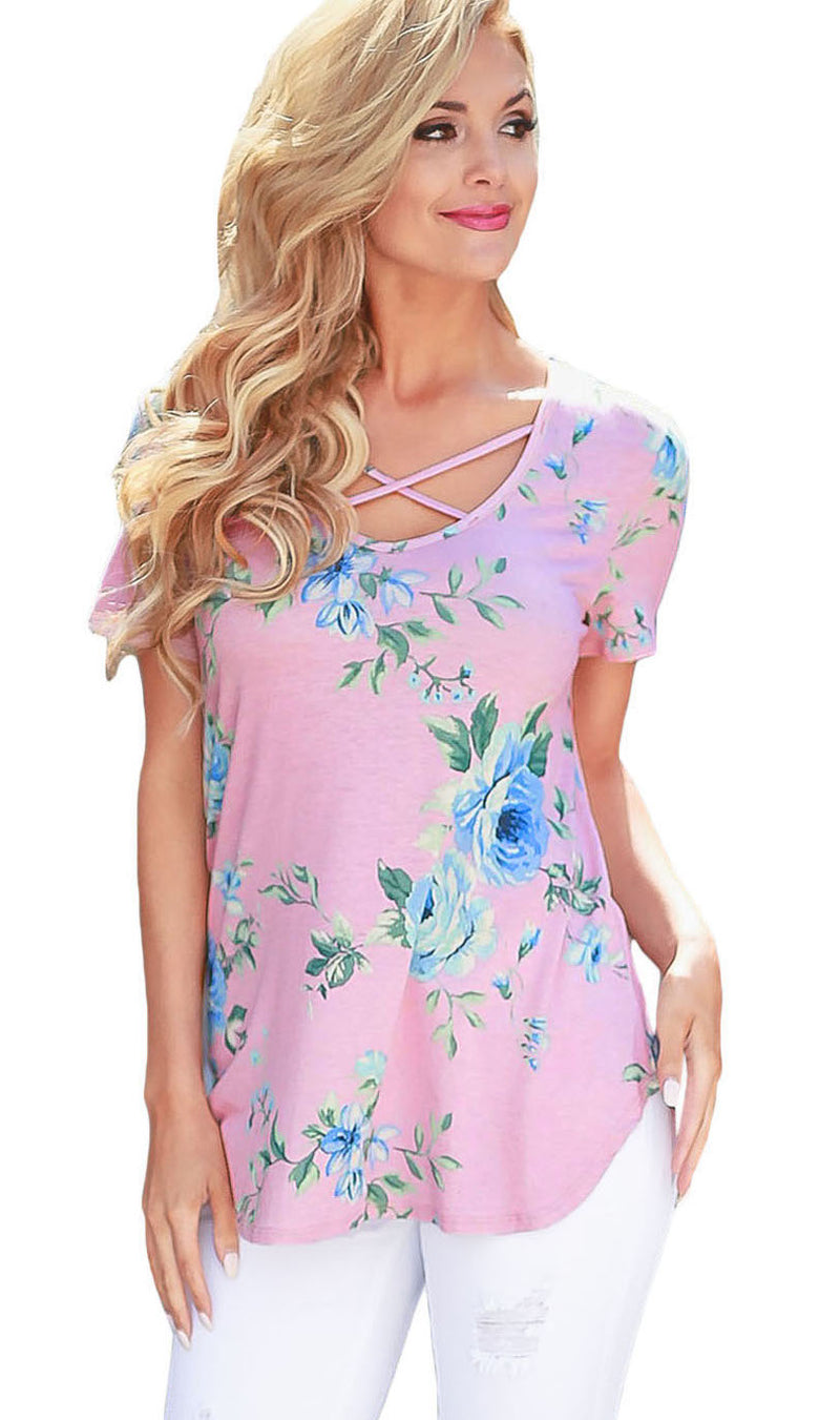 Light Pink Floral Stretch Crisscross Neckline Top – Lady Laila Boutique