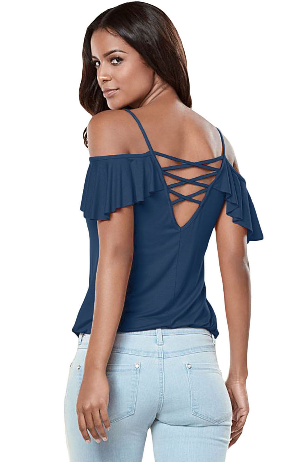 Navy Crisscross Back Ruffle Cold Shoulder Top – Lady Laila Boutique