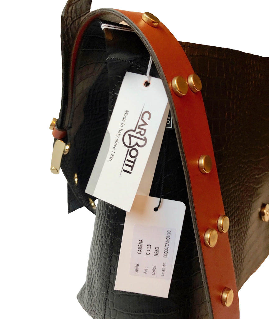 CARBOTTI Carena 113 Italian Croc Printed Leather Shoulder Handbag- Bla ...